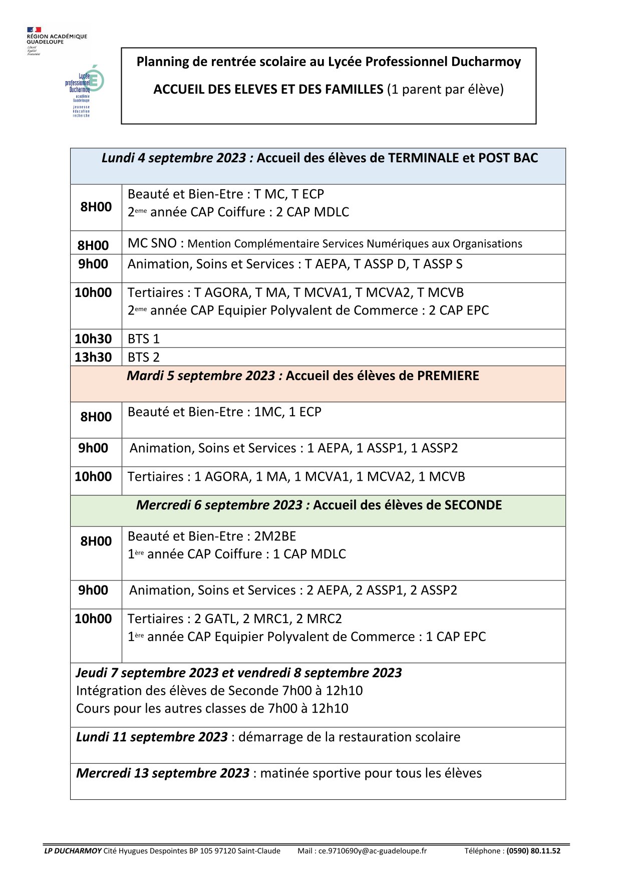 Calendrier de rentrée 2023 au lycée professionnel Ducharmoy – Lycée des métiers de Ducharmoy